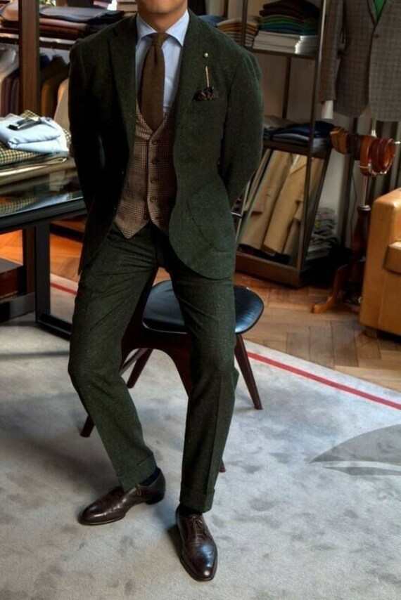 Green Estate 3 Piece Tweed Suit Men Wedding Suit Groom Brown Etsy Uk