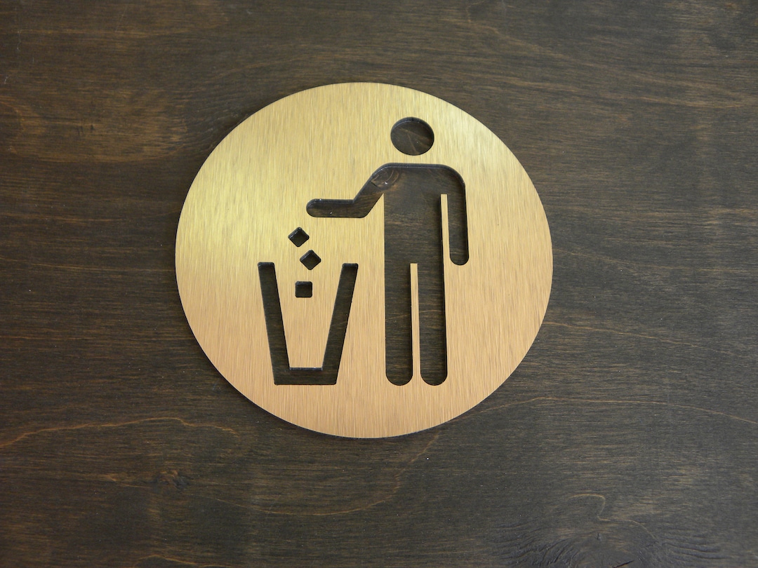 Garbage Adhesive Sign. Trash Round Brass Modern Signage Plaques. Waste ...