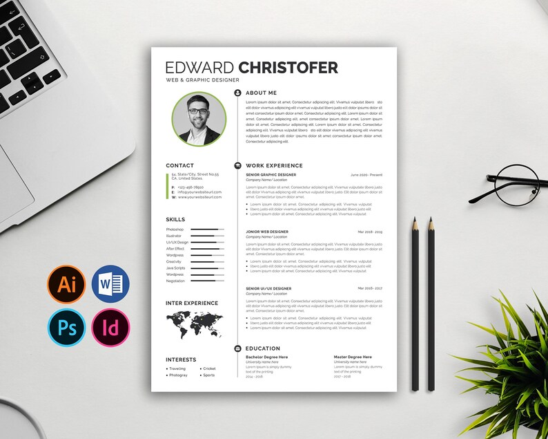 Modern Resume Template for Word & Indesign | Editable CV With Matching ...