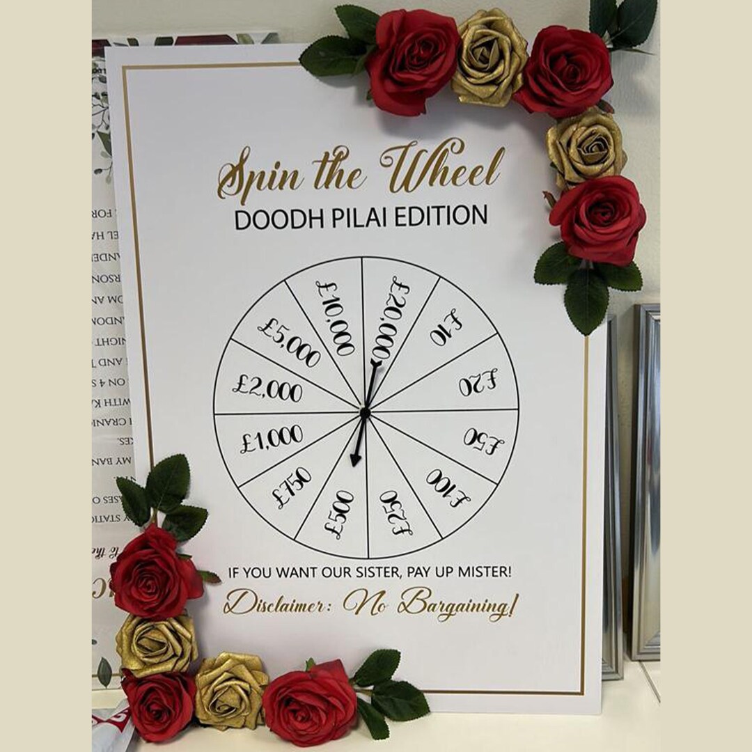 Spin the Wheel Wedding Welcome Sign 3D Flowers for Doodh Pilai, Sangeet, Nikkah Customised Asian ...