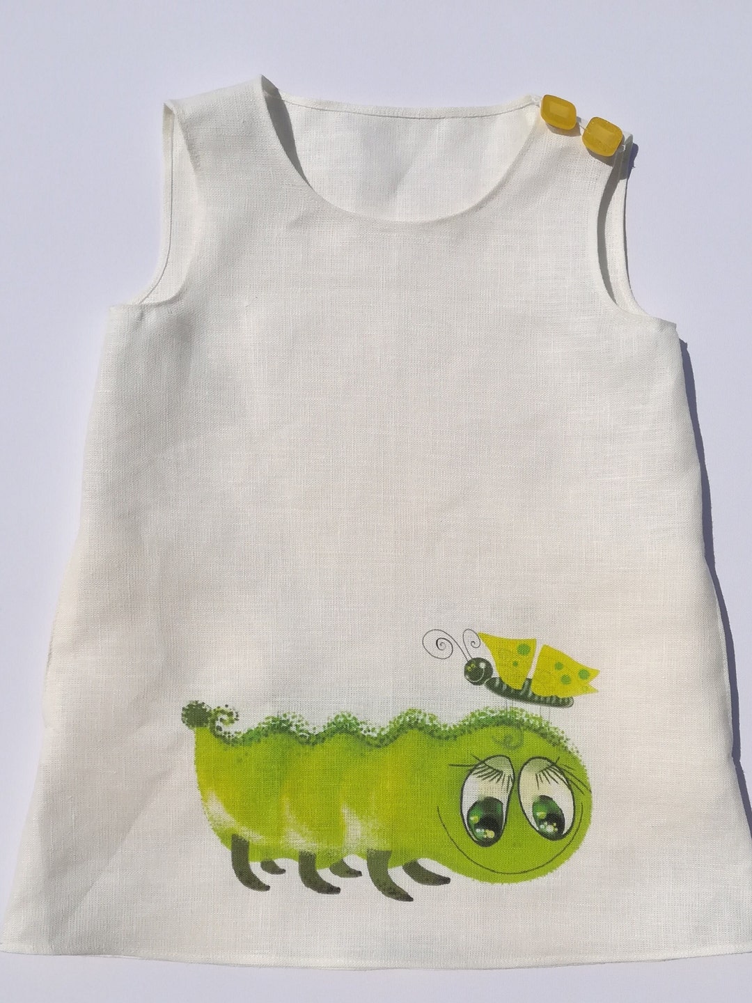 Girls Linen Dress: White Kids Clothes With Worm & Butterfly Print - Etsy
