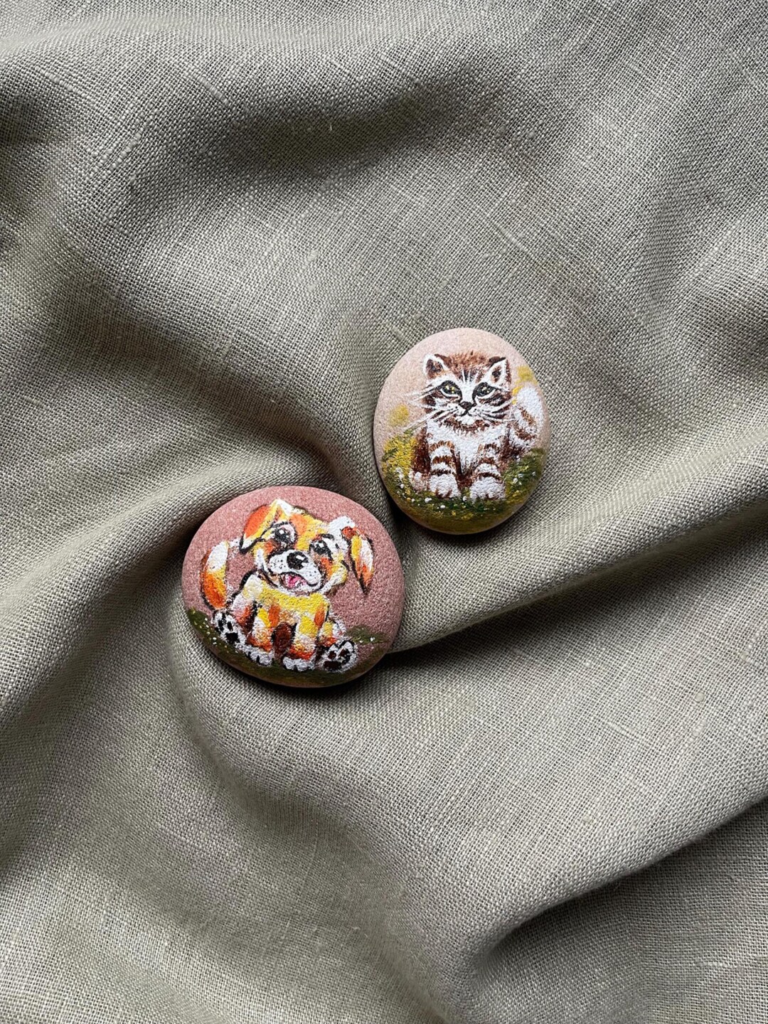 Hand Painted Pebbles, Set Two Pebble, Cat and Dog, Kid Room Decor ...