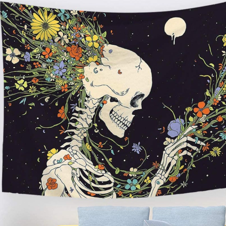 Skull Tapestry Colorful Floral Flower Moon Tapestry Human Skeleton Wall ...