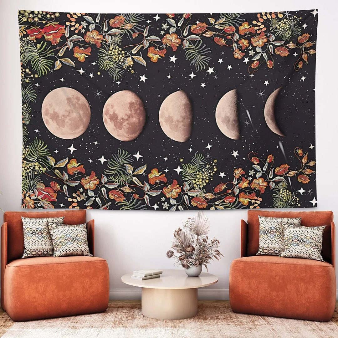 Moonlit Garden Tapestry Moon Phase Tapestries Flower Vine - Etsy