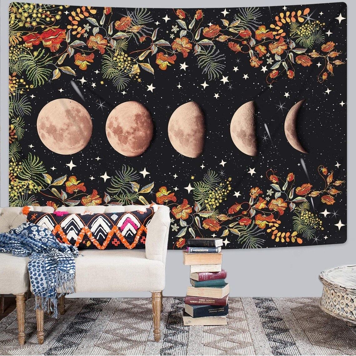 Moonlit Garden Tapestry Moon Phase Tapestries Flower Vine | Etsy