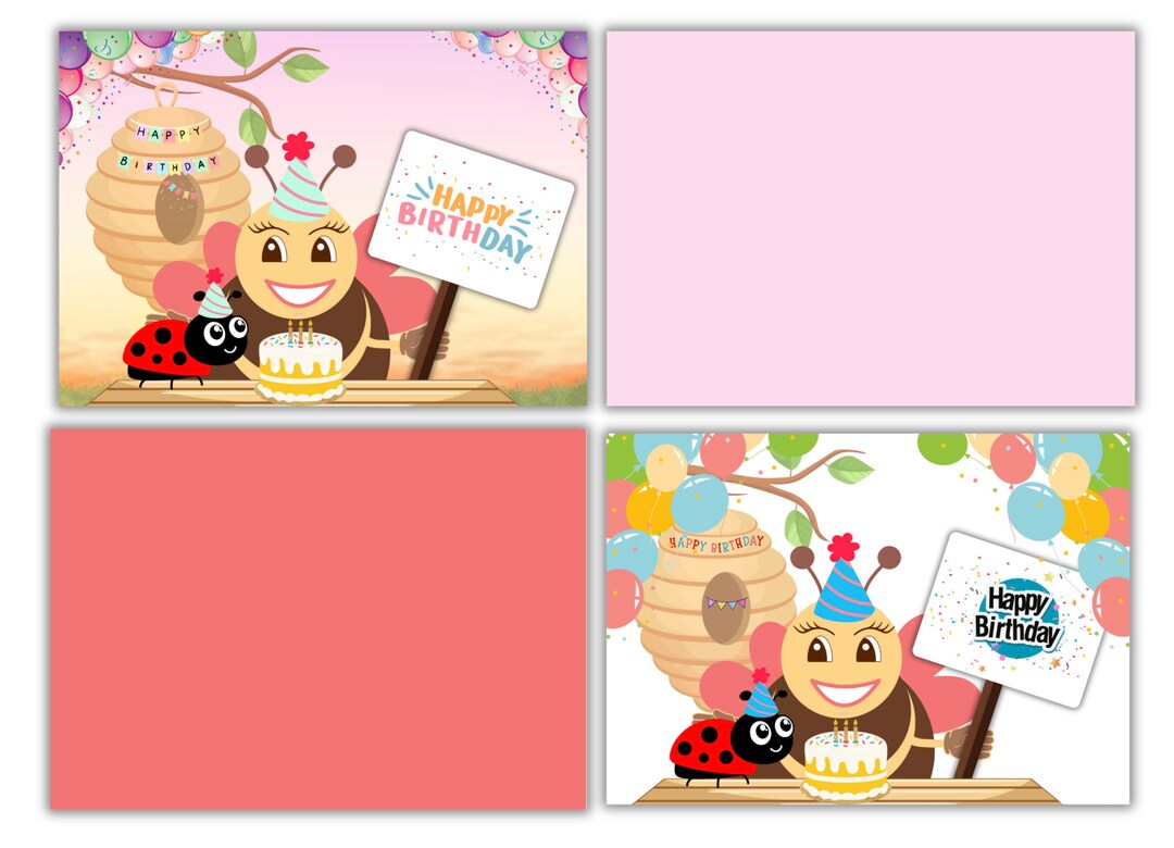 Bee Themed Happy Birthday Greeting Cards Set of 4 for Kids and Adults ...