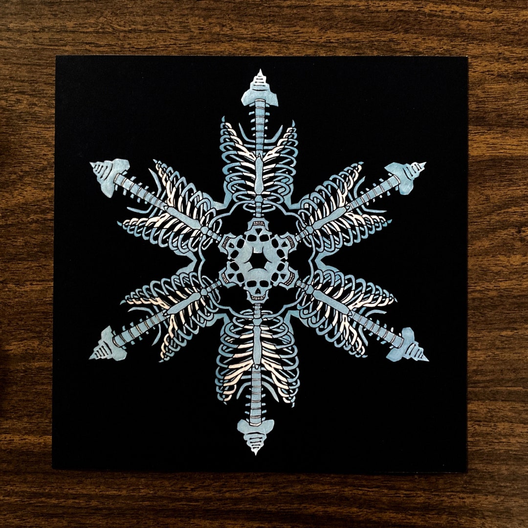 Skeleton Snowflake Holiday Christmas Art Print 8x8" Pen and Ink Drawing ...
