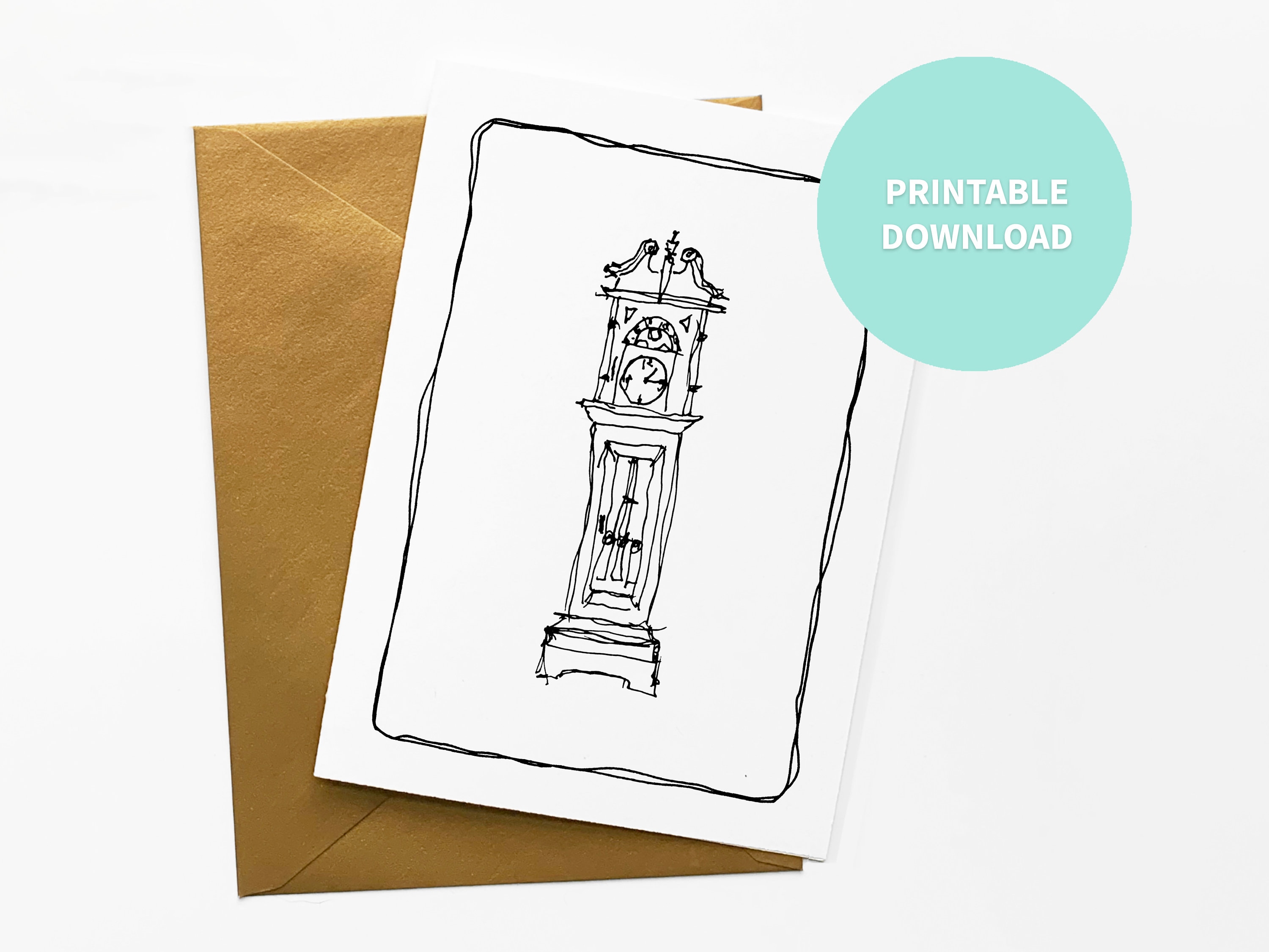 Grandfather Clock Printable Blank Card, Illustration Art, Greeting Card ...