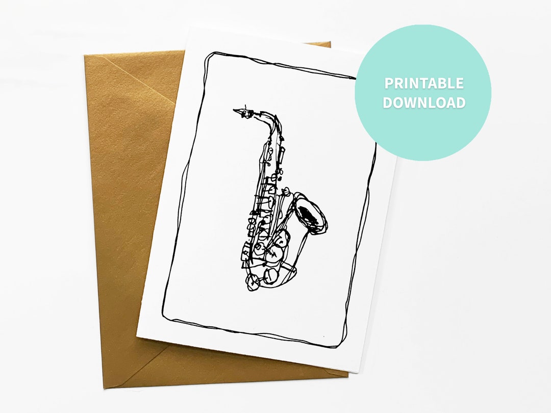 Saxophone Printable Blank Card, Musical Instrument Art, Greeting Card ...