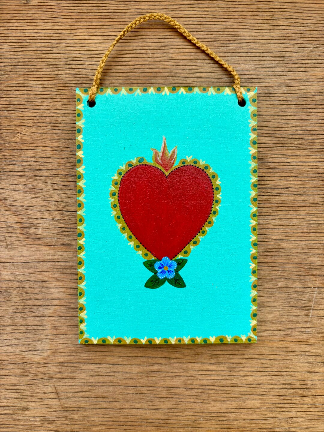 Mexican Flamed Sacred Heart Hand Painted Mint Green Kitsch Mini Picture ...