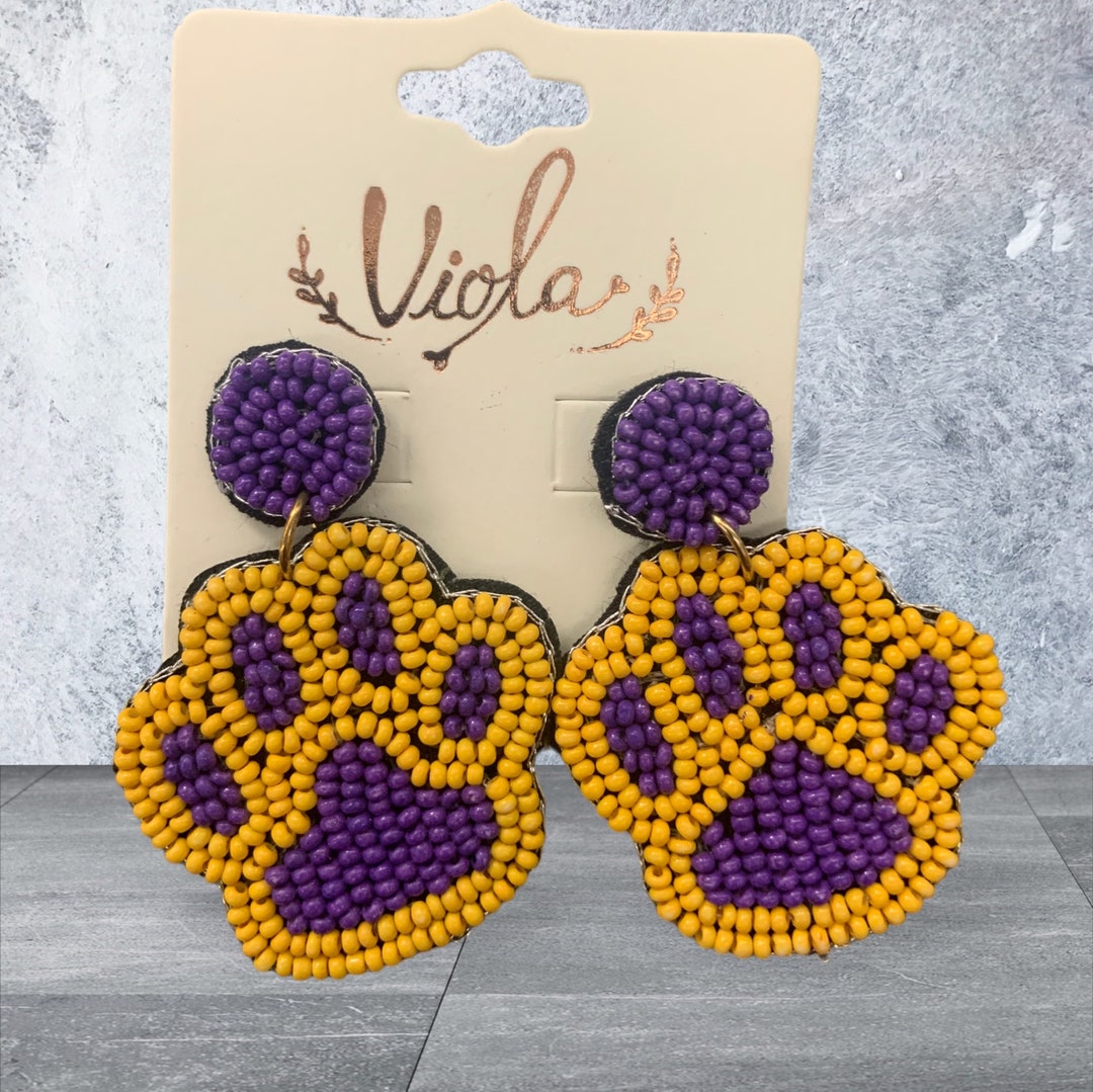 Purple and Gold Tiger Paw Beaded Earrings - Etsy