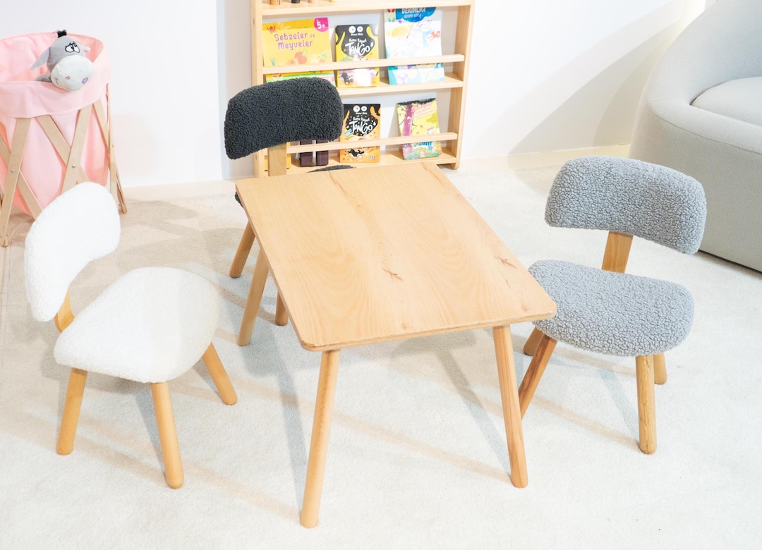 Montessori-style Wooden Kids Table and Chair Set, Natural Wood Children ...