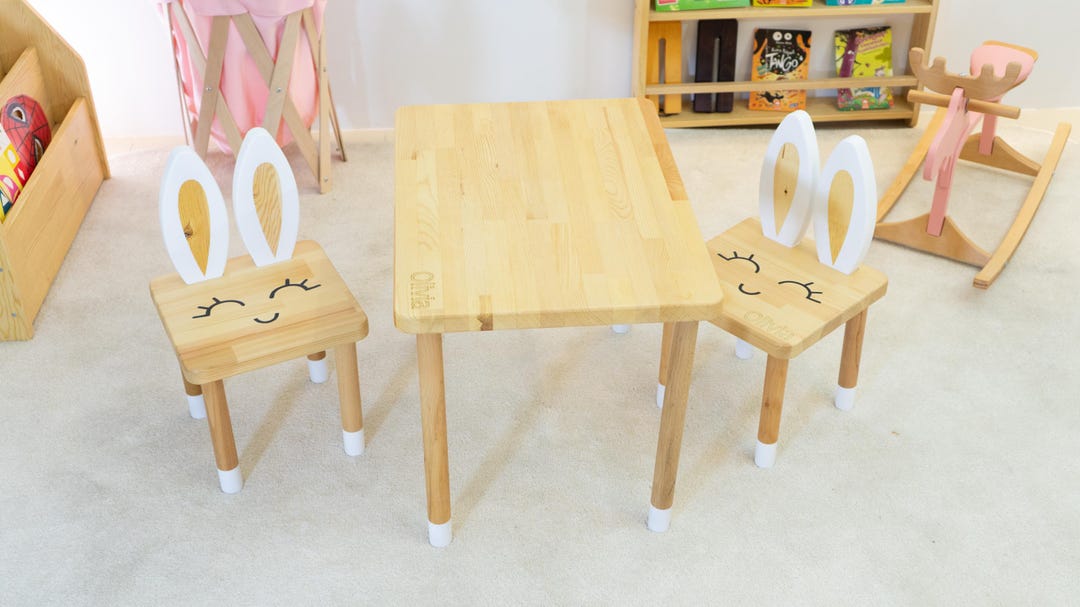 Montessori Kids Table and Chairs Set, Wooden Activity Table With Bunny ...