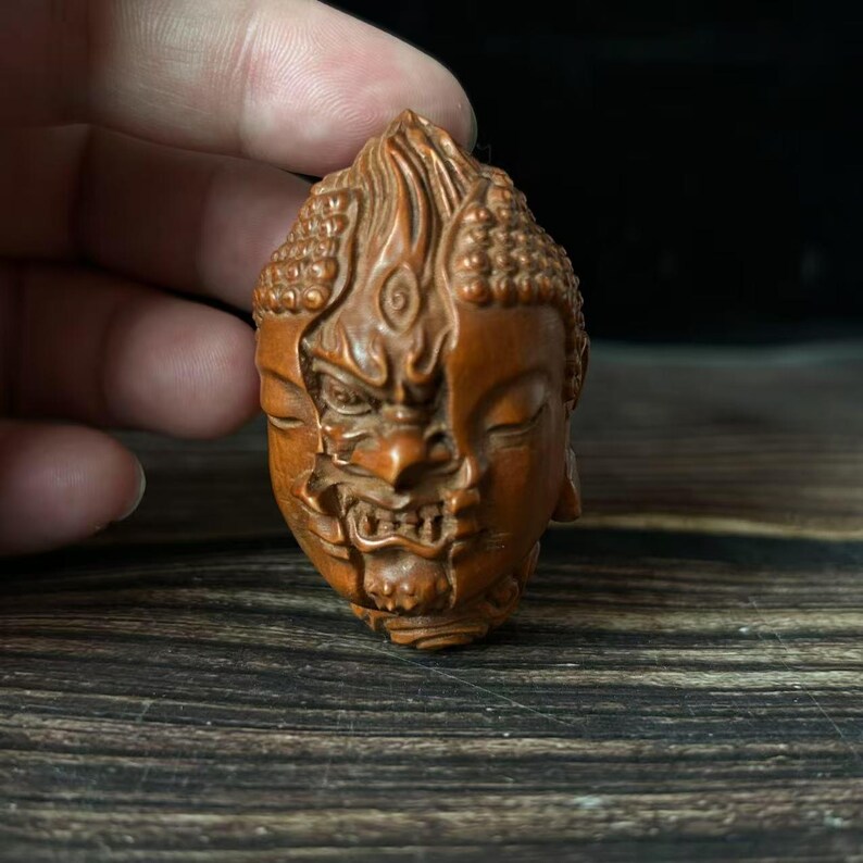 Boxwood Buddha/demon Carving, Tibetan Zen Decor, Mala Beads - Etsy