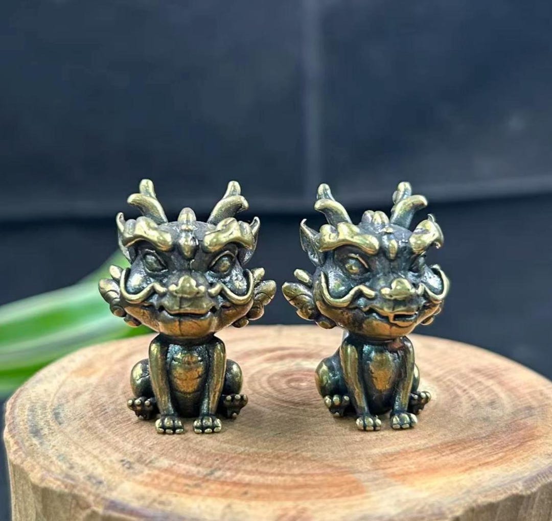 Pair Brass Dragon Kylin Statue, Bronze Totem Beast Animal Figurine ...