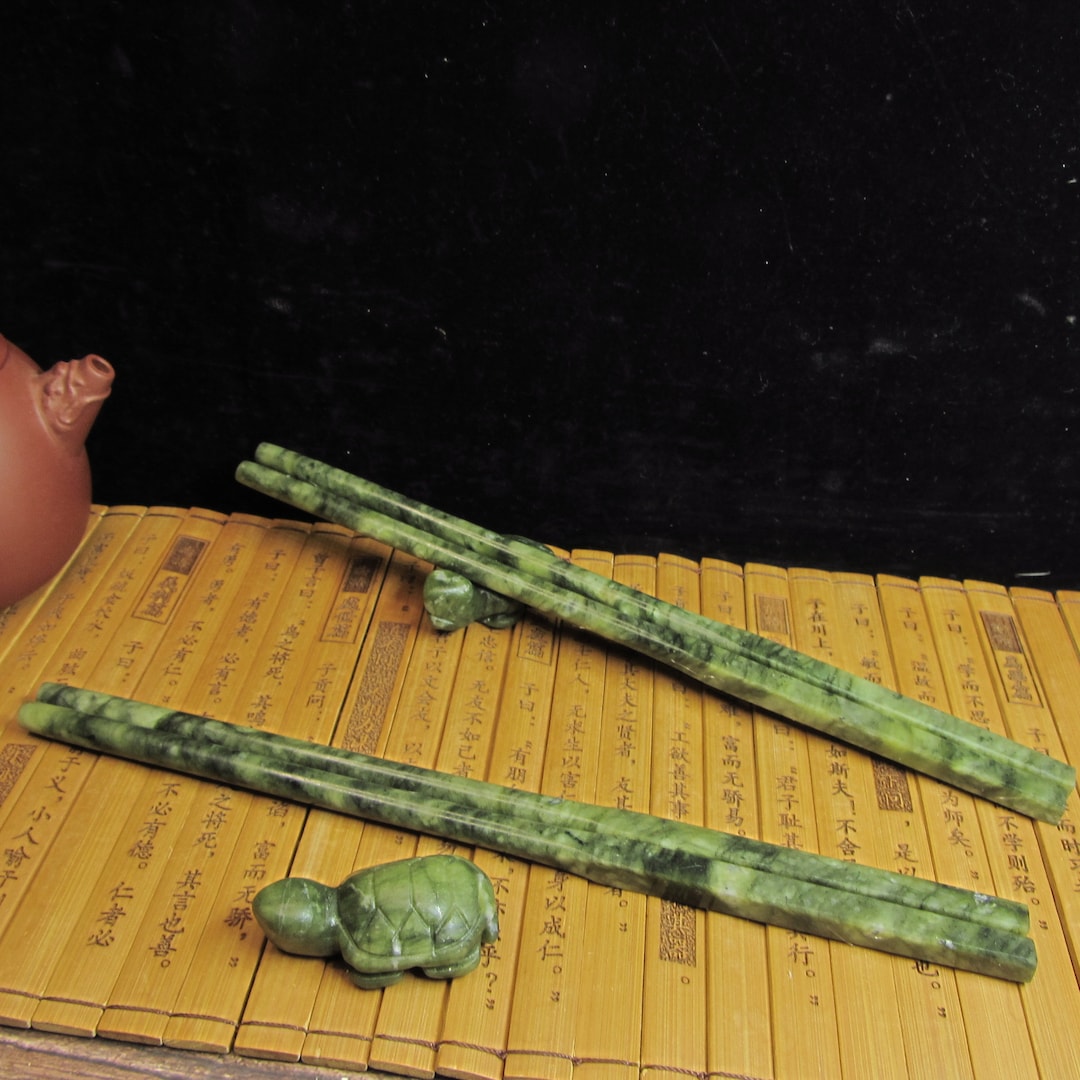 Set of 6 of Chopstick Hand Carved Natural Green Jade With Two Cute ...