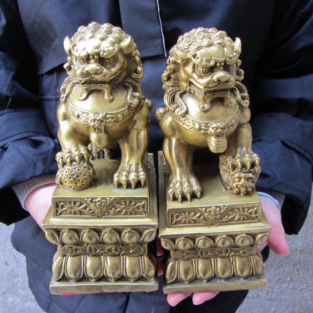 Huge 8'' Matched Pair Brass Foo Fu Dog, Guardion Lion Figurine, Copper ...