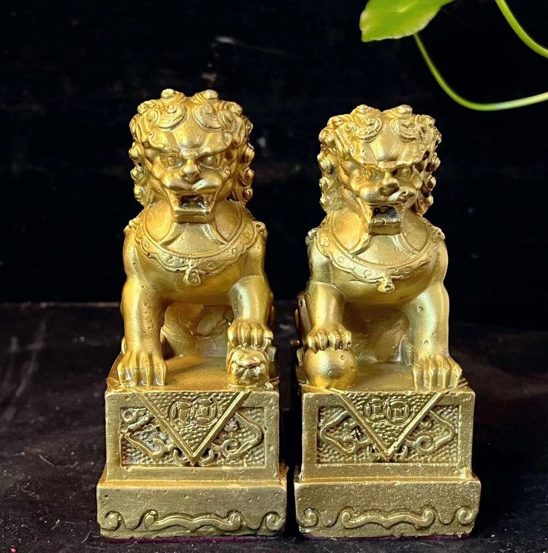 A Pair of Fu Dogs Guardian Lion Statues, Copper Brass Beijing Lions ...