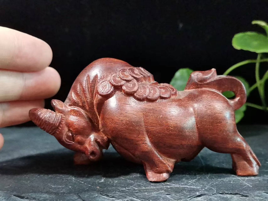 Mini Wood Carving Ox Statue, Fighting Bull/cow/cattle Figurine, Wood ...