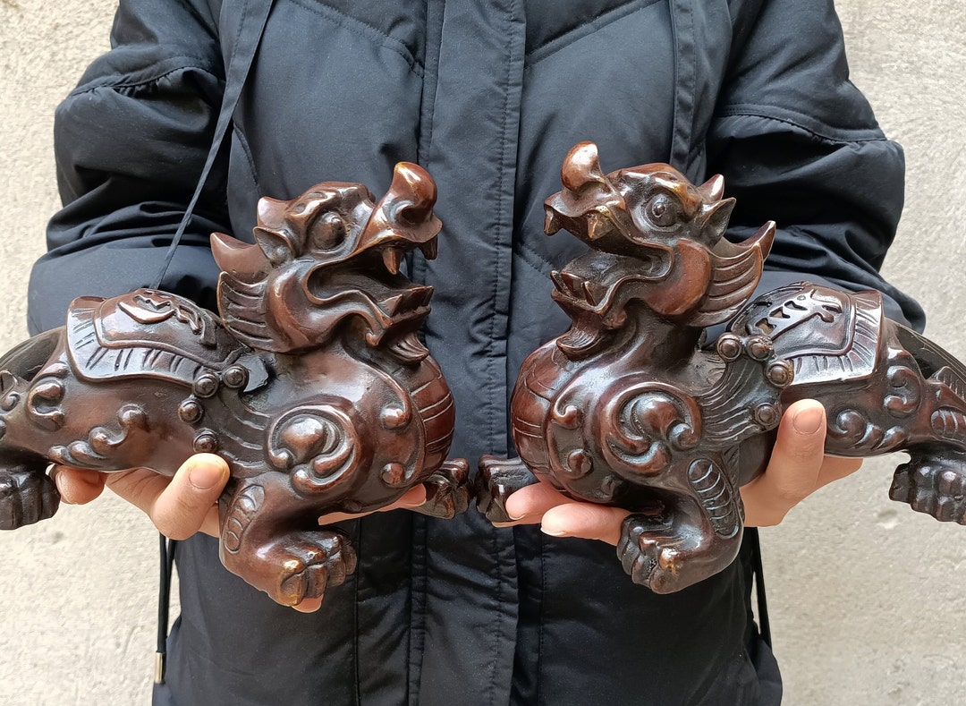 A Pair Wealth Pixiu Statue Feng Shui Decor Kirin Pi Yao, Copper Kylin ...