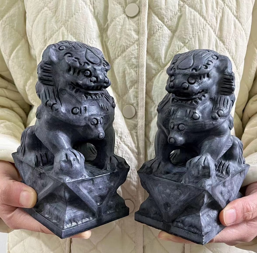 Pair of Fu Foo Dogs Guardian Lion Statues, Natural Bluestone Beijing ...