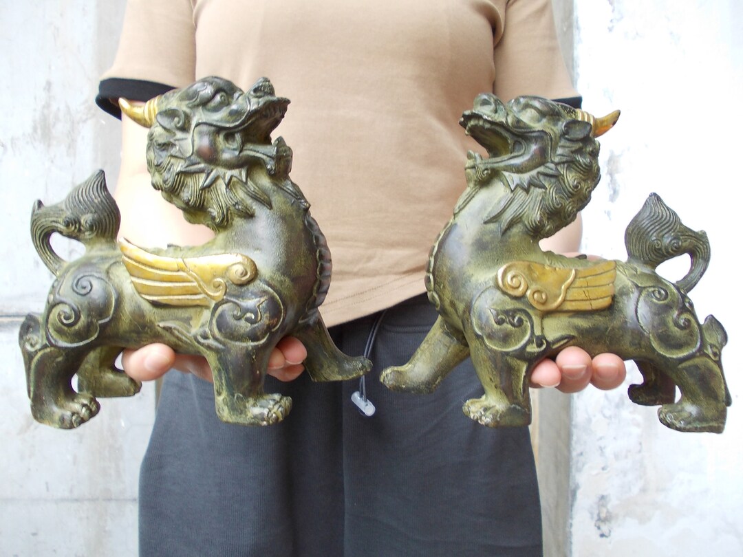 Pair Wealth Pixiu Statue Feng Shui Decor Kirin Pi Yao, Copper Kylin ...