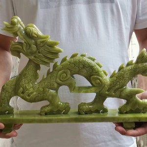 Natural Green Jade Dragon Statue Chinese Feng Shui Lucky Loon Animal ...