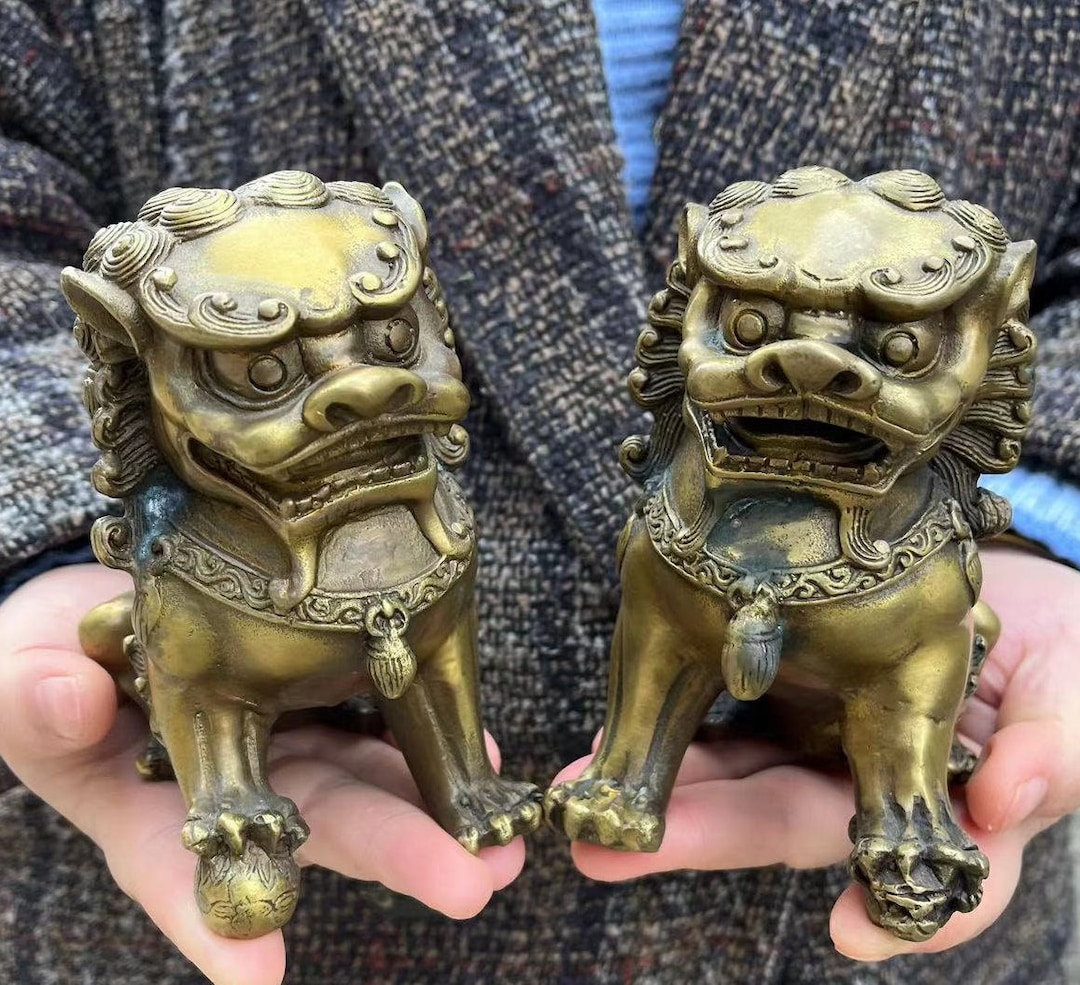 A Pair of Copper Fu Dogs Guardian Lion Statues, Brass Copper Lions Feng ...