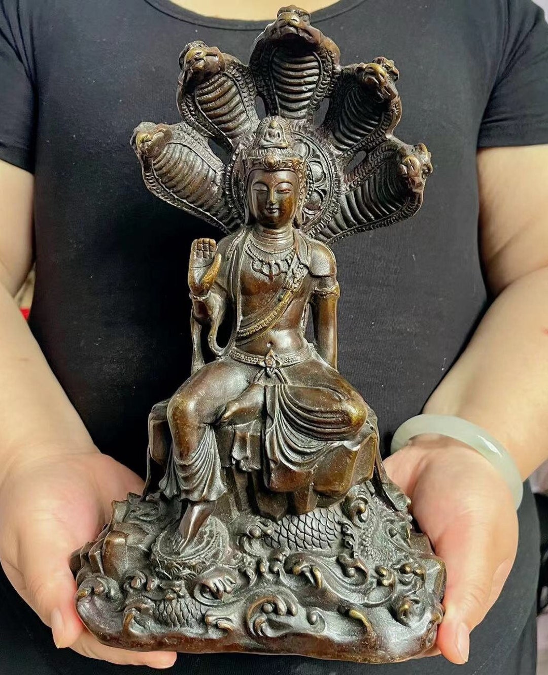 Tibet Ancient Bronze Five Snake God Guan Yin Kwan-yin Buddha Statue ...