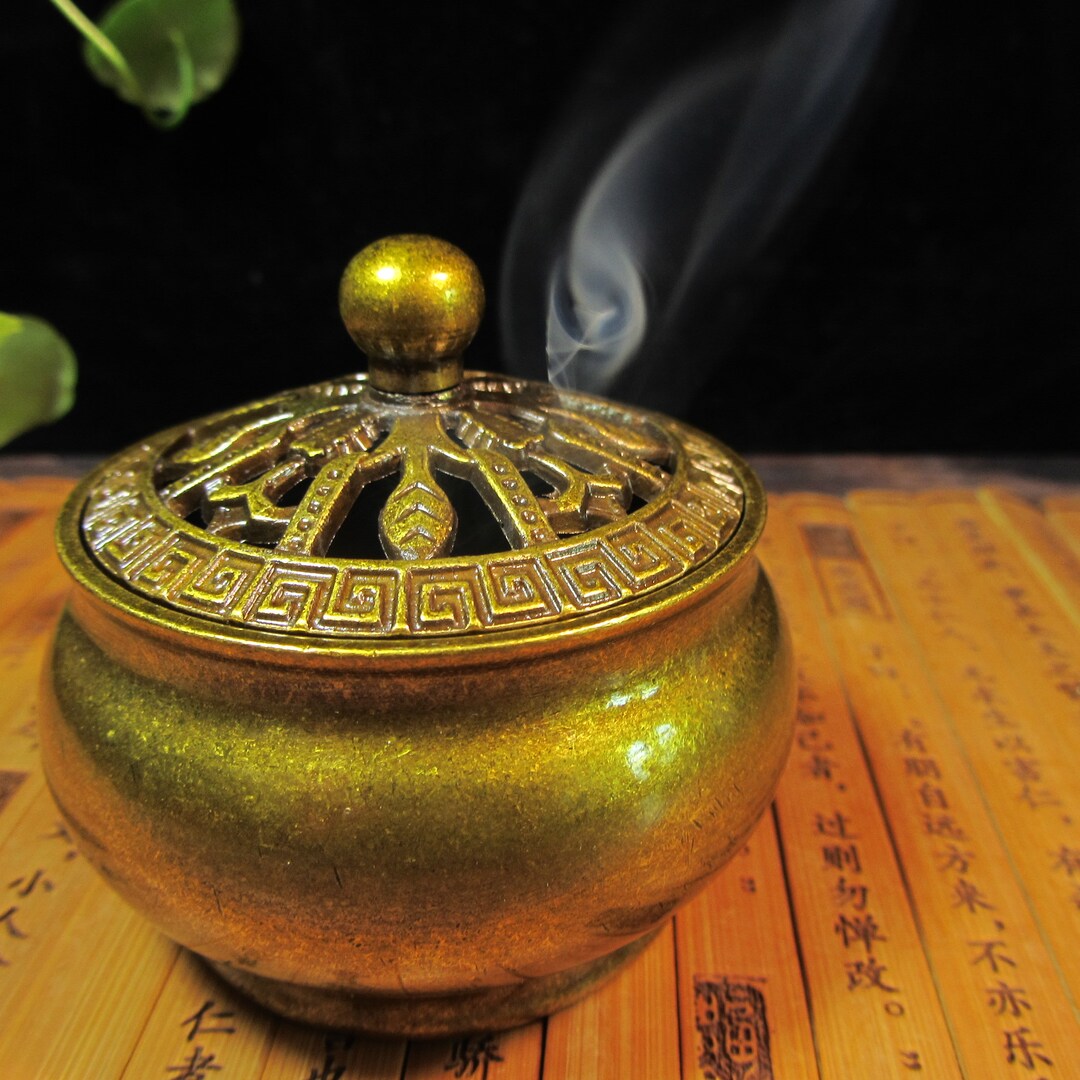 Vintage Brass Copper Snowflake Pattern Lid Incense Burner Holder Censer ...