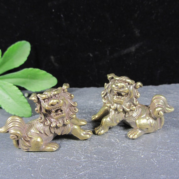 Hand Carved Asian Fu Guardian Metal Figure Chinese Foo Dog Vintage Lion ...