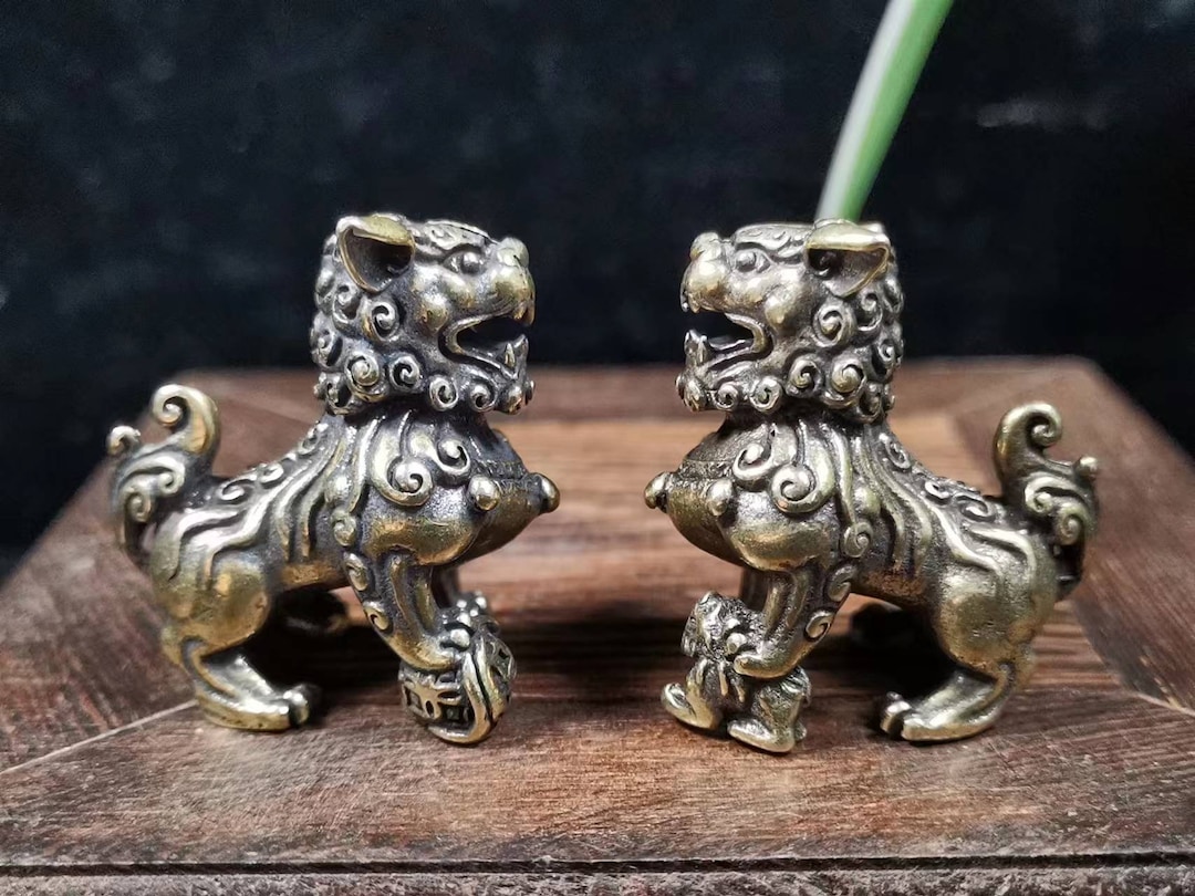 A Pair Mini Solid Fine Brass Foo Dogs Lion Figurine, Lion Statue Clay ...