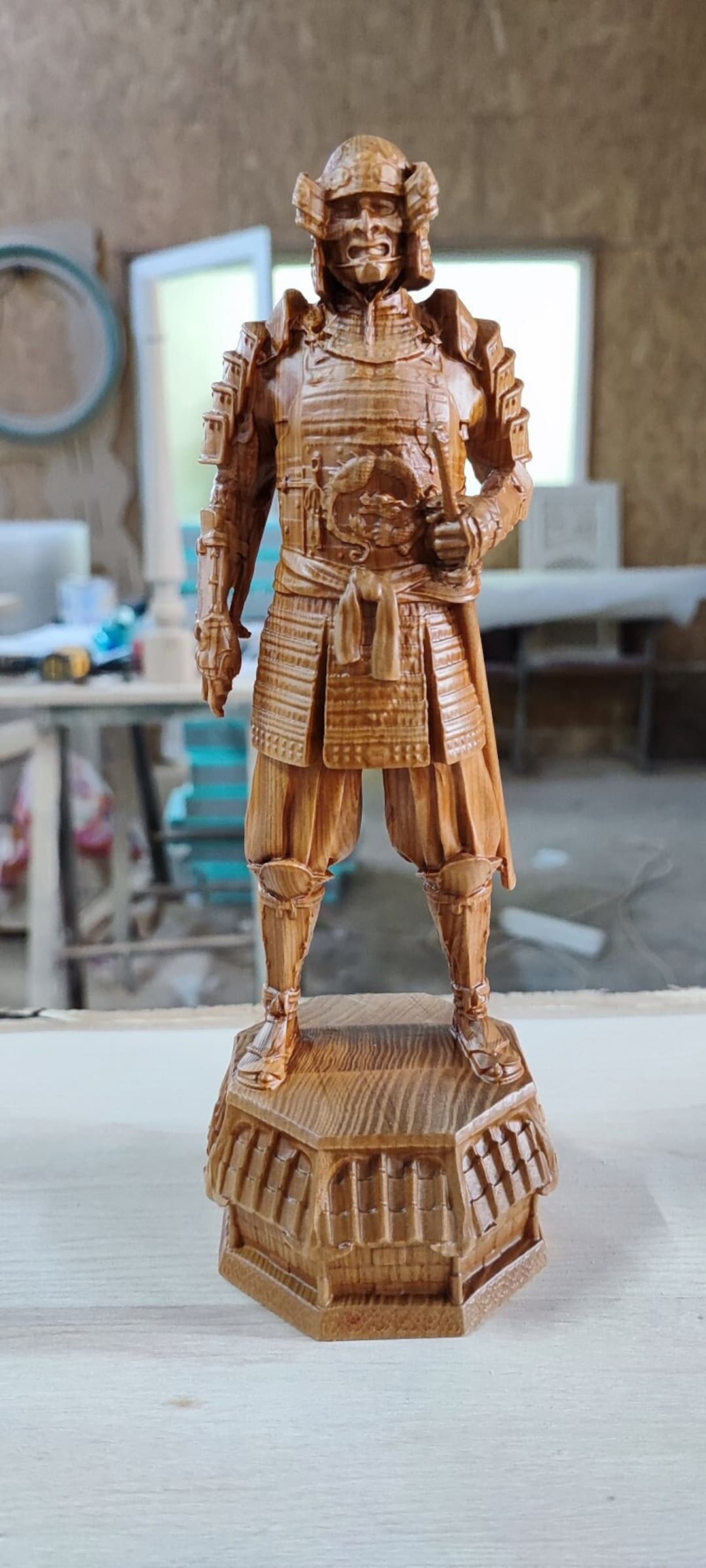 Samurai Wood Sculpture, Wood Carved Statue, Samurai Figurine, Japanese ...