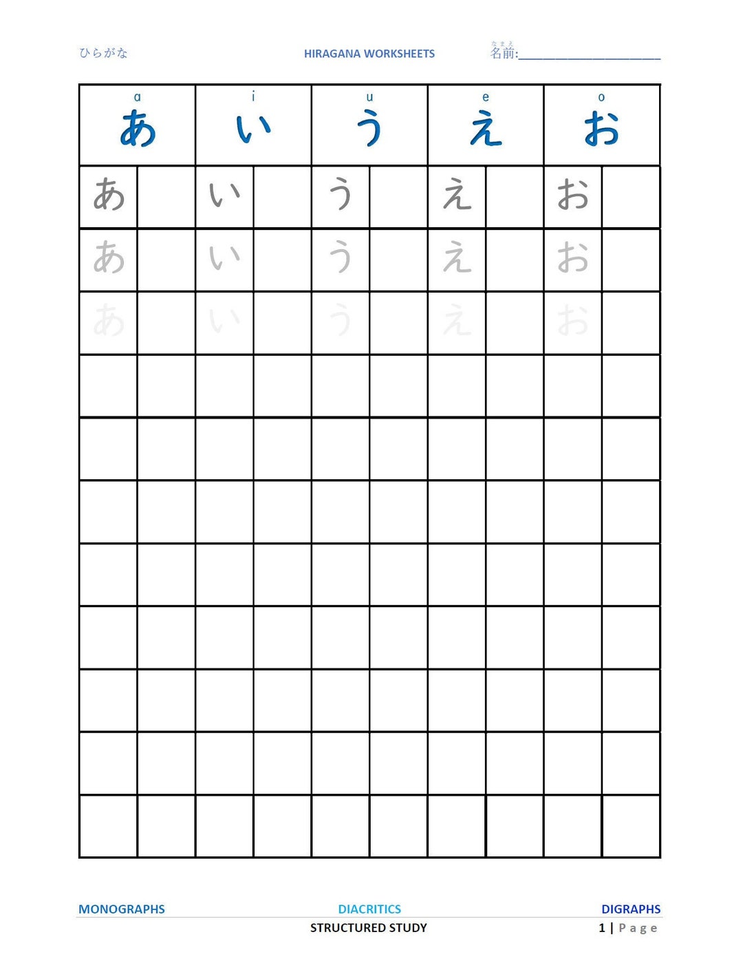 HIRAGANA PRACTICE WORKSHEETS - 1 - Etsy