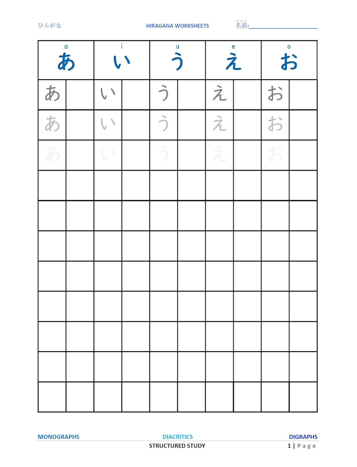 HIRAGANA PRACTICE WORKSHEETS - 1 - Etsy