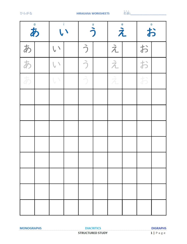 HIRAGANA PRACTICE WORKSHEETS - 1 - Etsy
