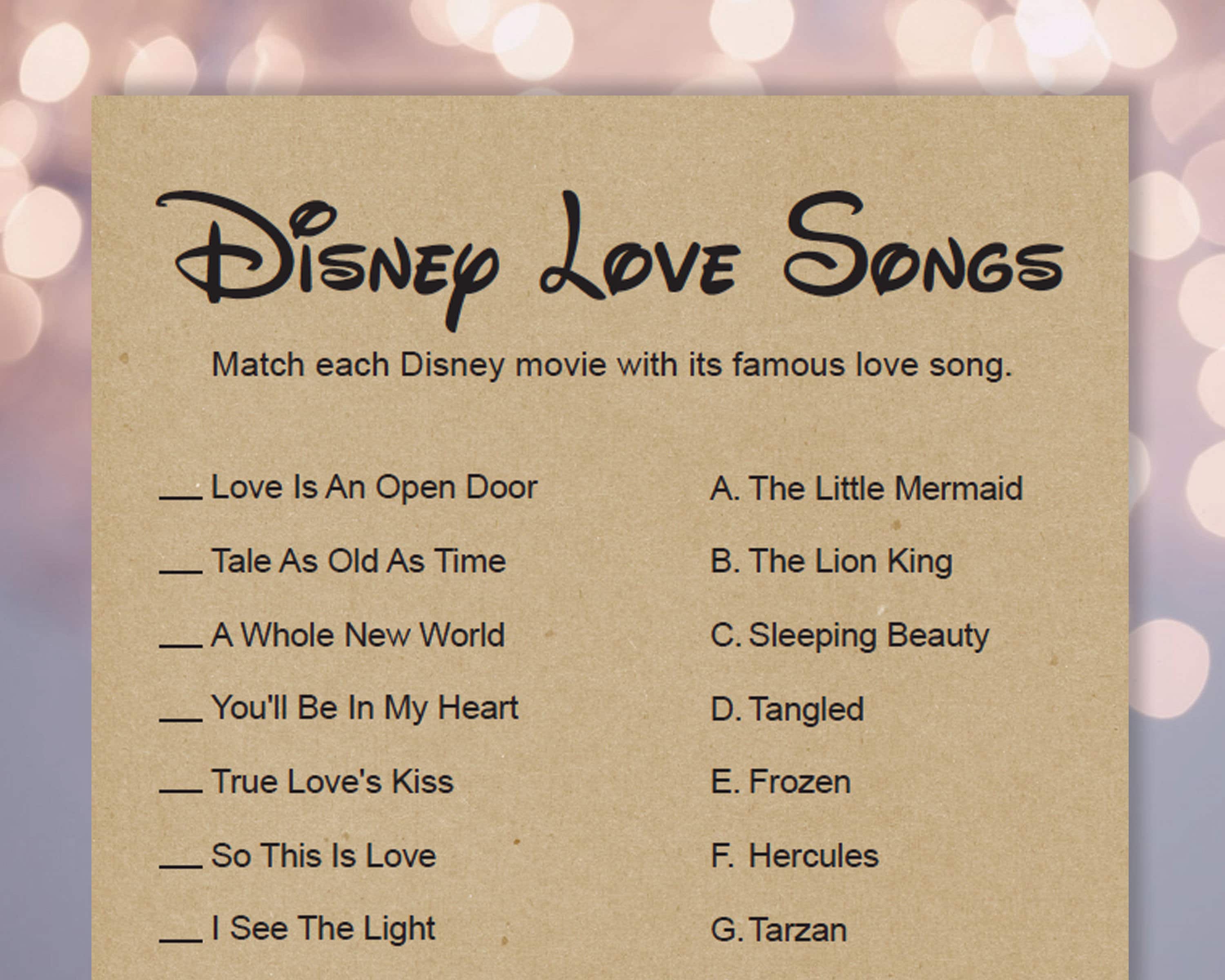 Disney Love Songs Trivia Printable Bridal Shower Game | Etsy