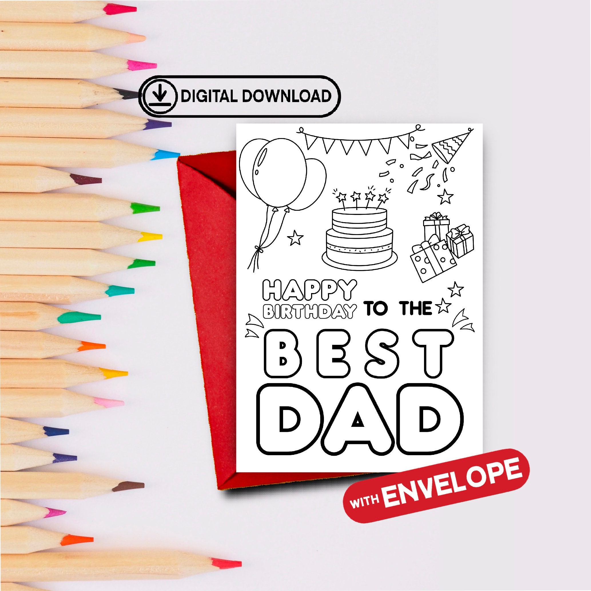 Happy Birthday To The Best Dad Coloring Card Envelope Etsy