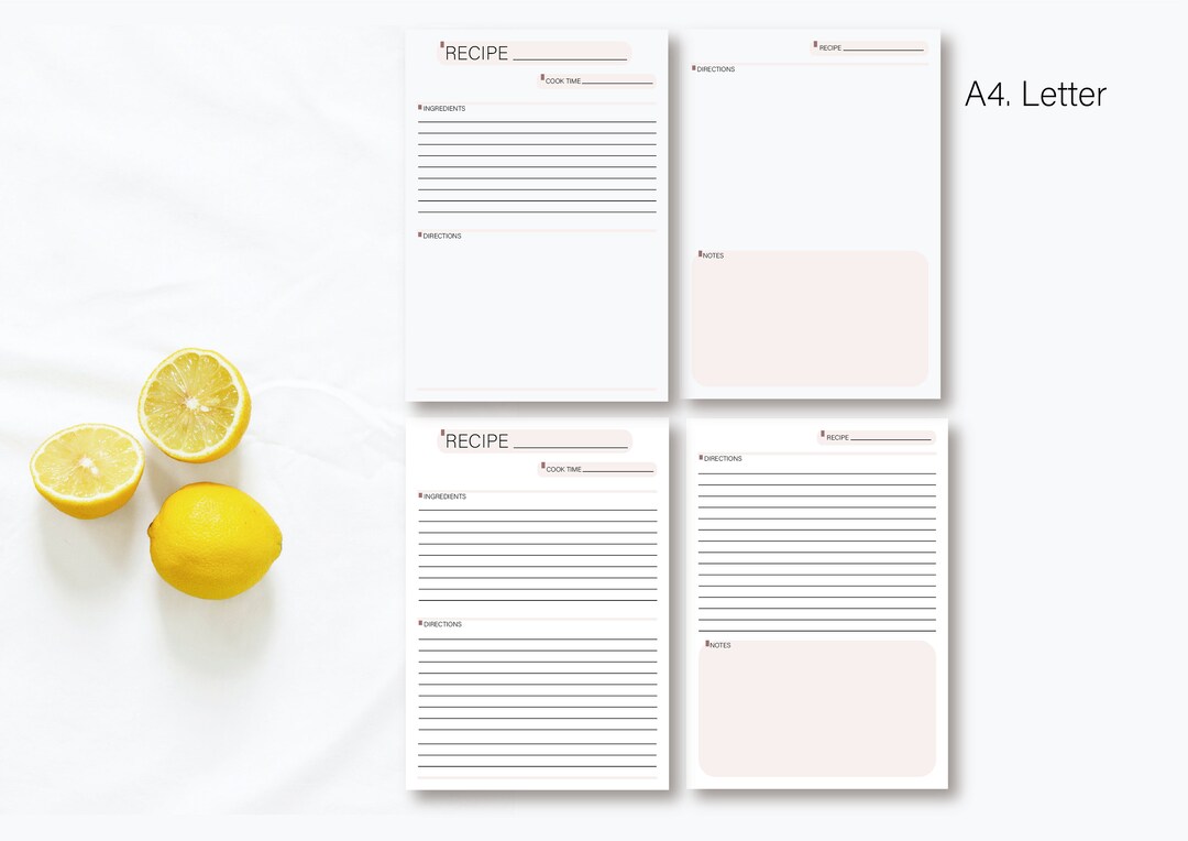 Printable Recipe Pages/ Recipe Template/ Recipe Page Bundle/ A4, Letter ...