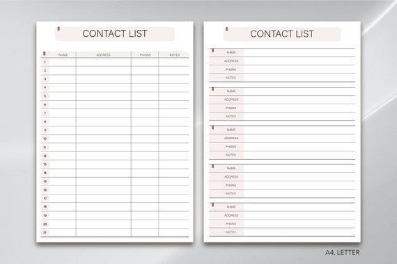 Printable Contact List/ Address Book/ 2 Layouts/ Phone Number | Etsy