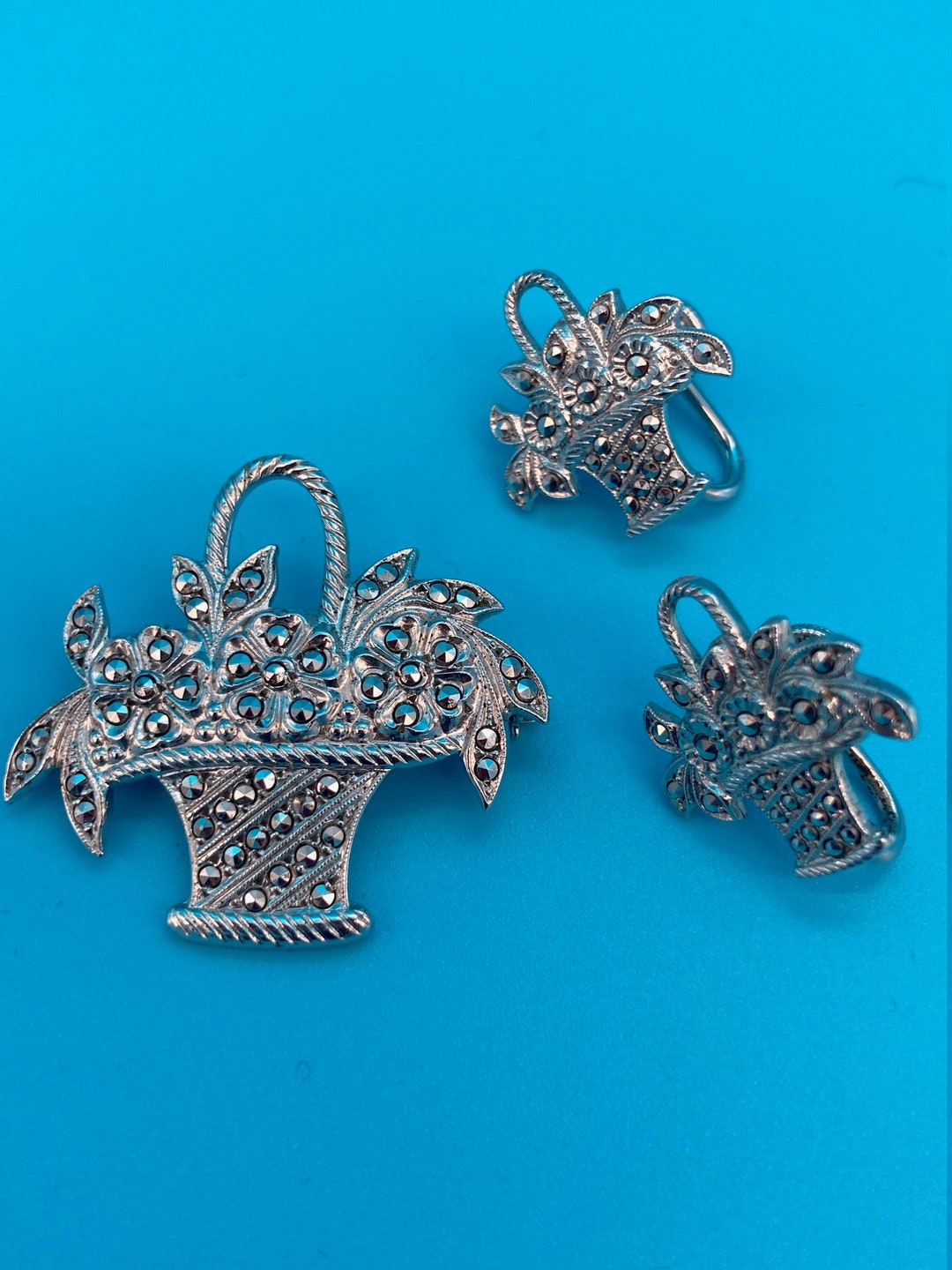 Vintage Sterling Silver and Marcasite Easter Basket Pin and Earring Set ...
