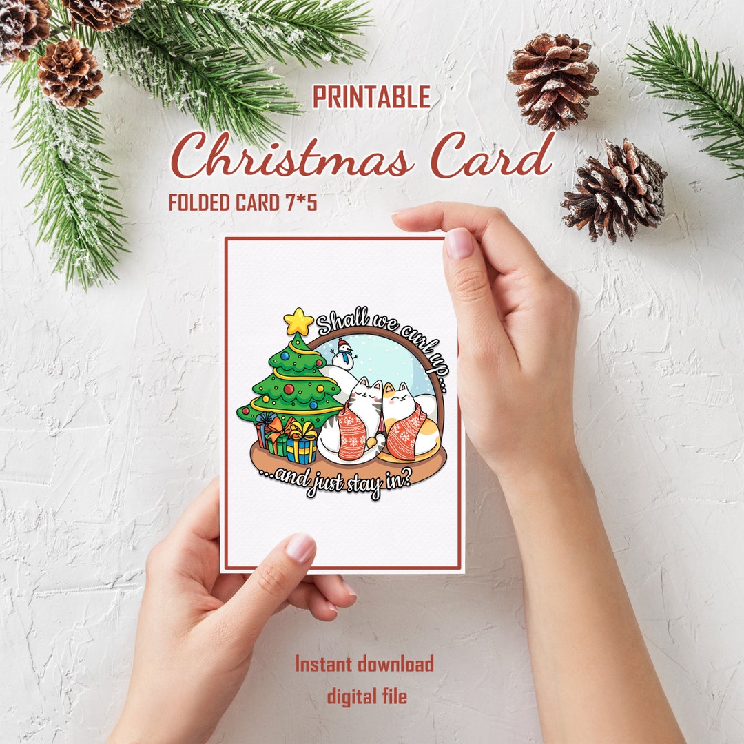 PRINTABLE Christmas Card, Cute Cat Holiday Greetings Standard 7*5 ...