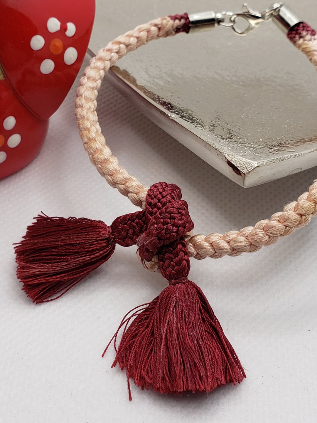 Haori Himo Silk Tassel Bracelet, Burgundy Bridesmaid Gifts, Love Knot ...