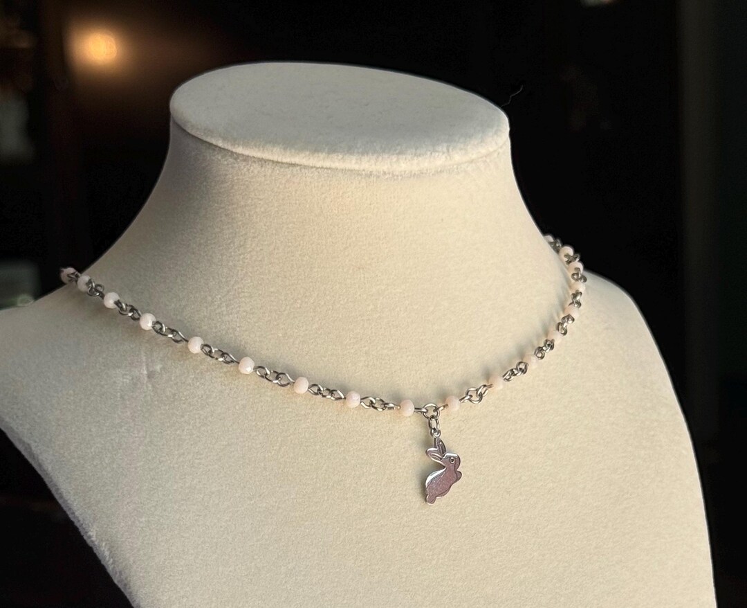 Yeri Fairycore Bunny Cute Peach Chain Necklace Silver-toned Stainless ...