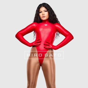 HIRO GATO Sparkle Metallic Spandex High Leg Leotard Red Burning Suit Rave Party Catsuit Bodysuit ...