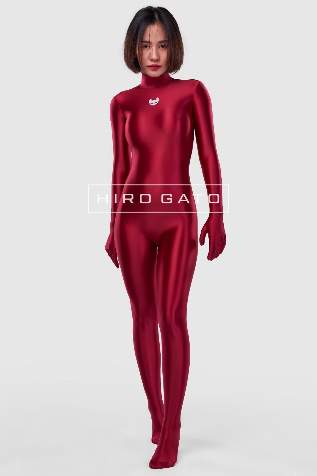 HIRO GATO Satin Spandex Silk Catsuit Burgundy Burning Suit Rave Party ...