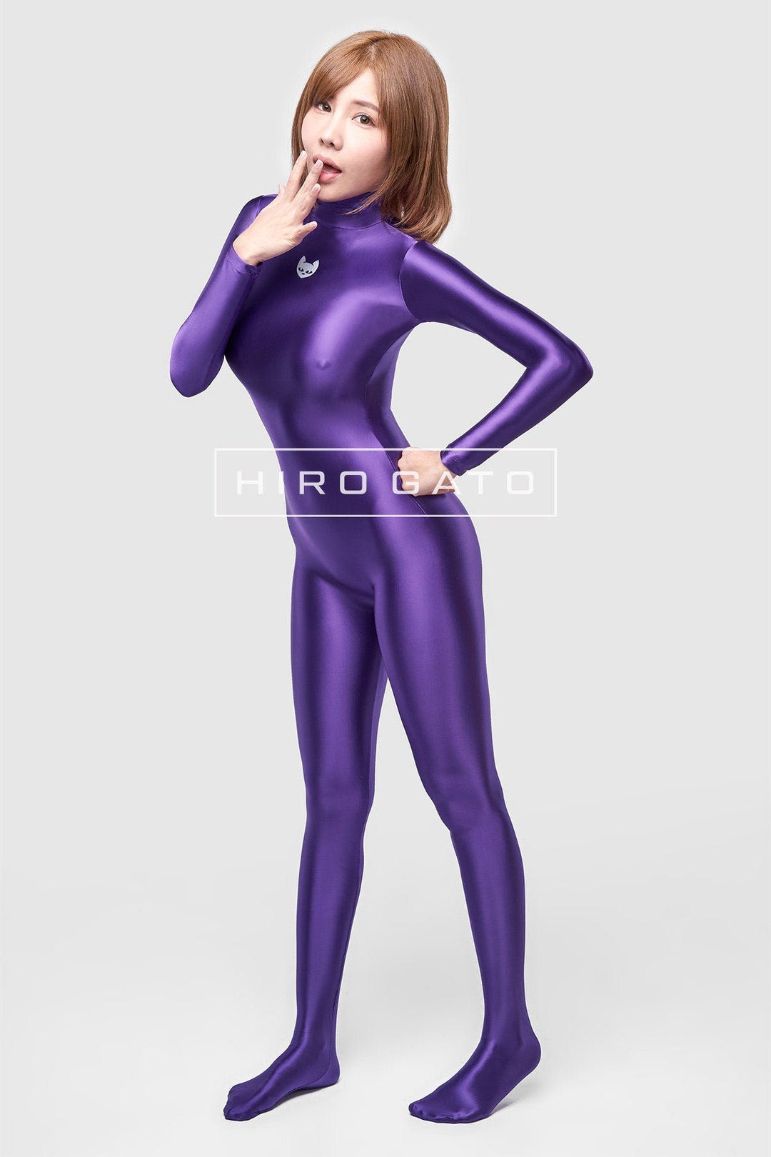 HIRO GATO Satin Spandex Silk Catsuit Purple Burning Suit Rave Party ...