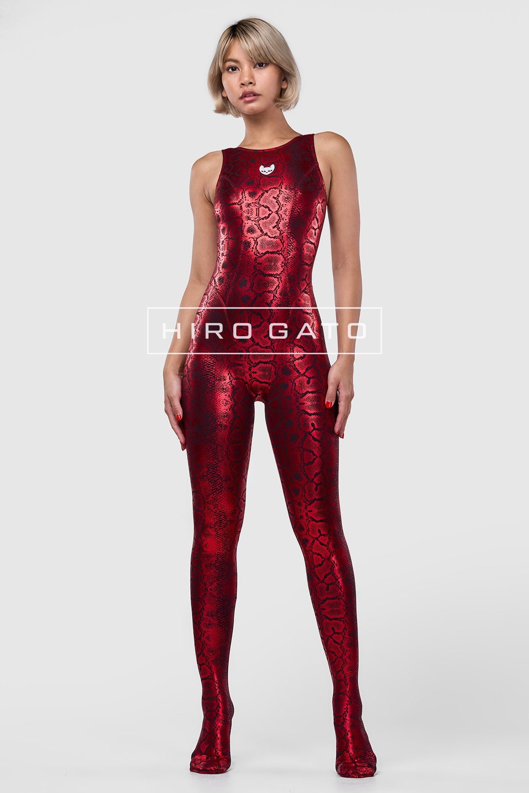 HIRO GATO Snakeskin Unitard Black Red Shiny Metallic Spandex Coating ...