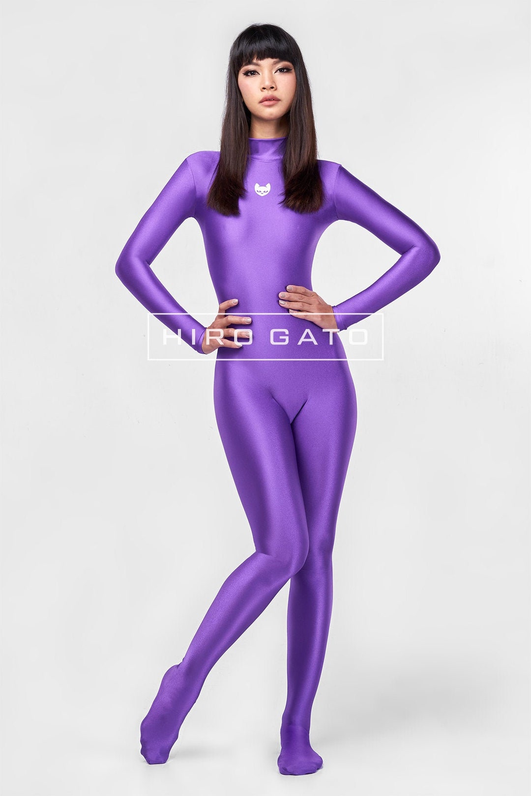 HIRO GATO Shiny Spandex Catsuit Purple Burning Suit Rave Party Zentai ...