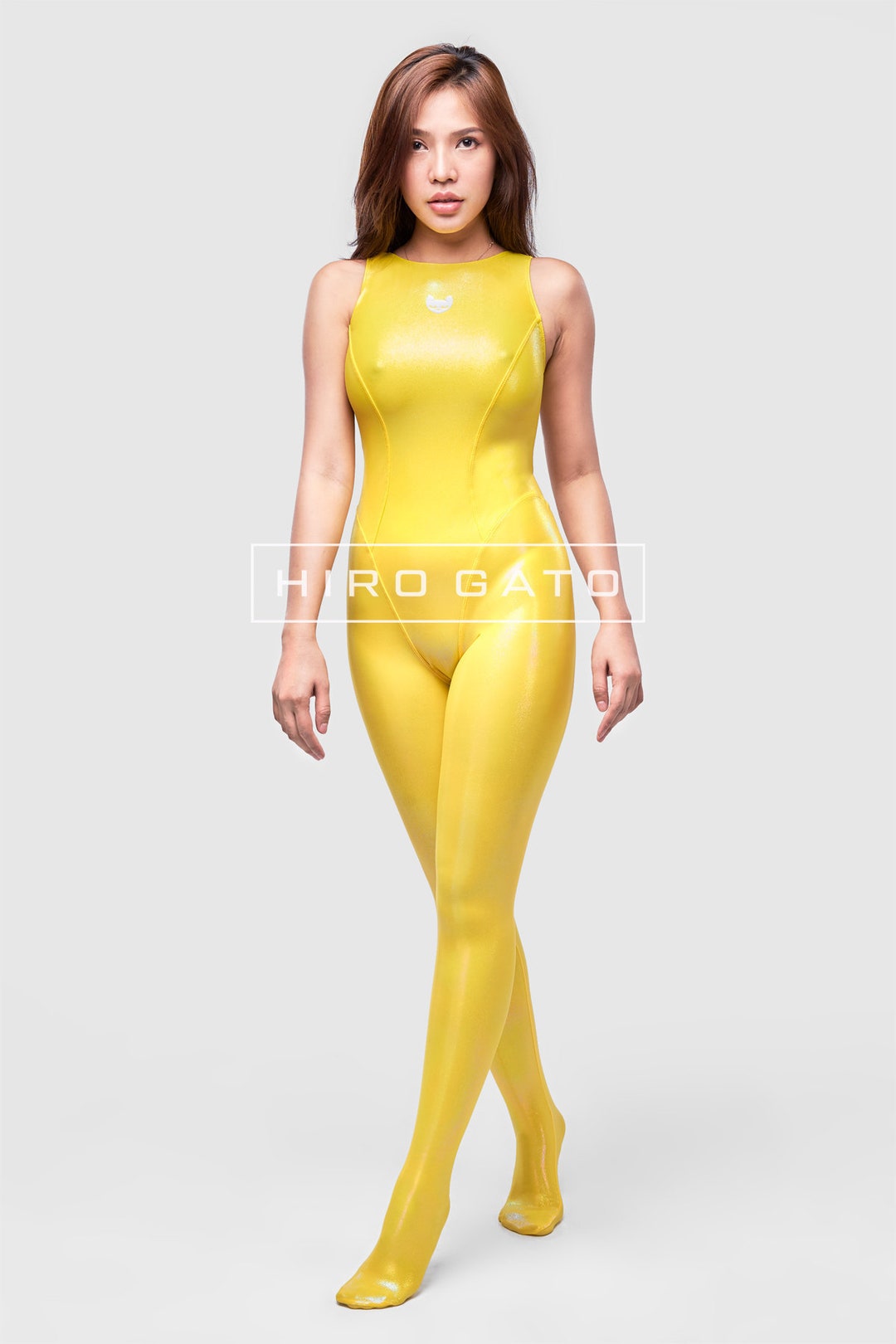 Hiro Gato Mystique Metallic Spandex Unitard Yellow Burning Suit Rave